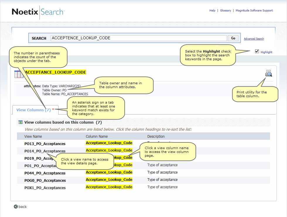 Table Column Page – Angles for Oracle